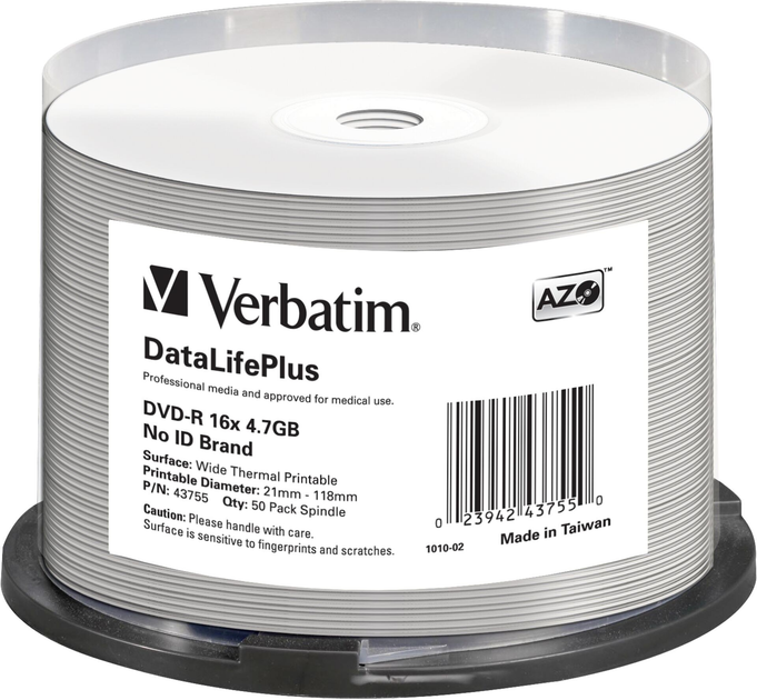 Диски Verbatim DVD-R 4.7GB 16x AZO DL+ printable thermal biale Cake 50 ...