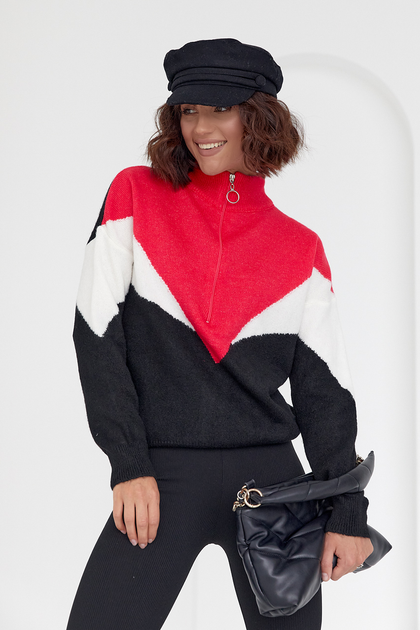 Женская трехцветкая кофта с молнией на воротнике, Casual Chic - красный ...