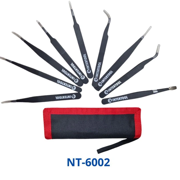 Набір пінцетів радіотехнічних 9 од., антистатичні, в чохлі INTERTOOL NT-6002 – фото, відгуки ...