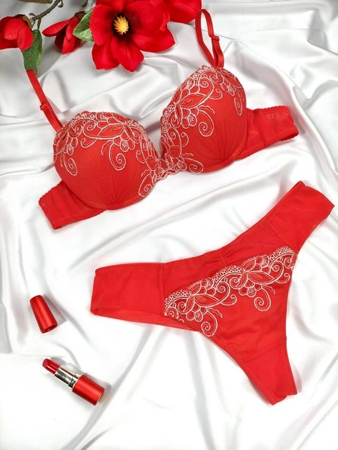 Комплект нижньої білизни бюстгальтер незнімний пушап і трусики бразиліана Acousma 75C-L коралово ...