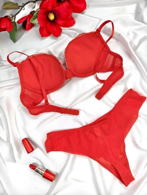 Комплект нижньої білизни бюстгальтер незнімний пушап і трусики бразиліана Acousma 75C-L коралово ...