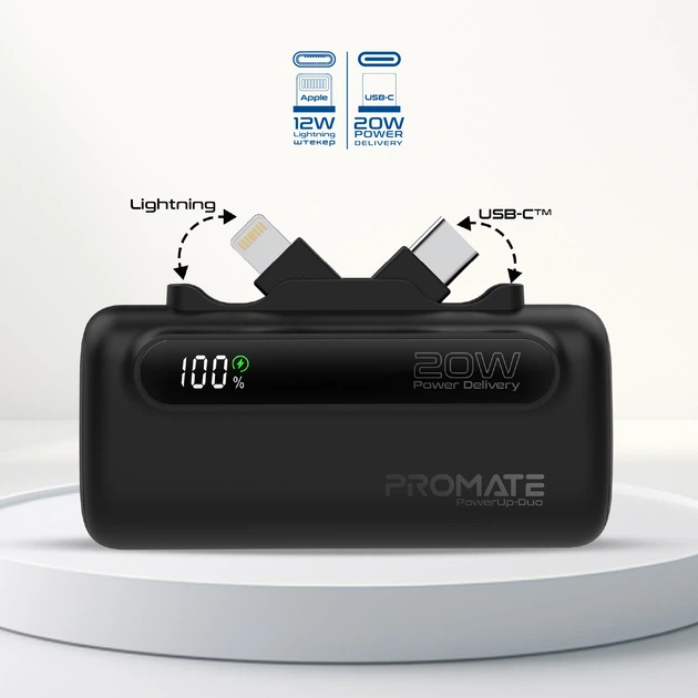 УМБ Promate PowerUp-Duo 5000 mAh USB-C порт USB-C/Lightning штекери Black (powerup-duo.black ...