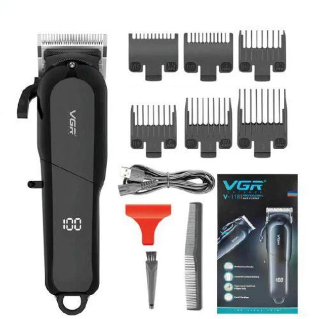 Професійна акумуляторна машинка VGR V-118 для стрижки волосся з LED-дисплеєм та 6 змінними ...