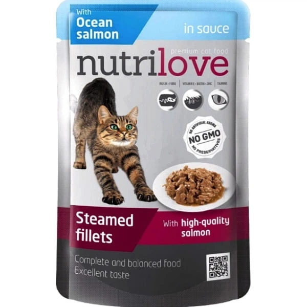 Nutri Love тушеные кусочки с атлантическим лососем в соусе. Пауч 0 ...