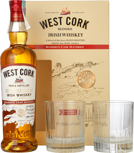Набор виски West Cork Bourbon Cask 3 yo 0.7 л 40% + 2 бокала в коробке ...