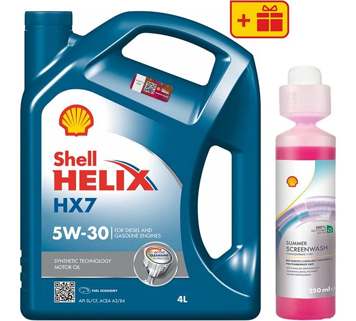 Набір Shell Helix HX7 5W-30, 4 л + Shell Summer Screenwash Concentrate ...