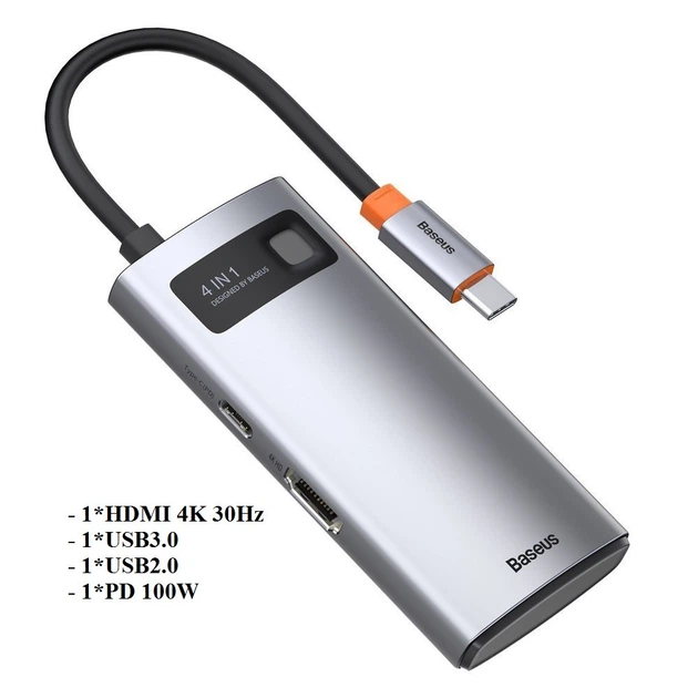USB Type-C хаб Baseus Metal Gleam 4-in-1 100W USB3.0 USB2.0 HDMI Type-C ...