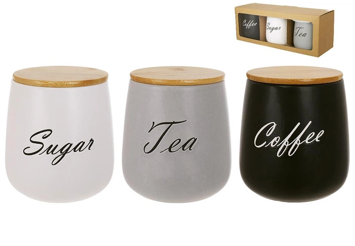 Набор керамических банок BonaDi с бамбуковой крышкой Tea, Coffee, Sugar Белый, серый, черный ...