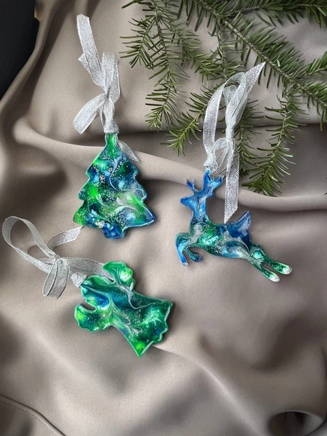 Игрушки На Елку Набор В Форме Елки Олень Ангел Из Эпоксидной Смолы Ручной Работы Зелено Синие