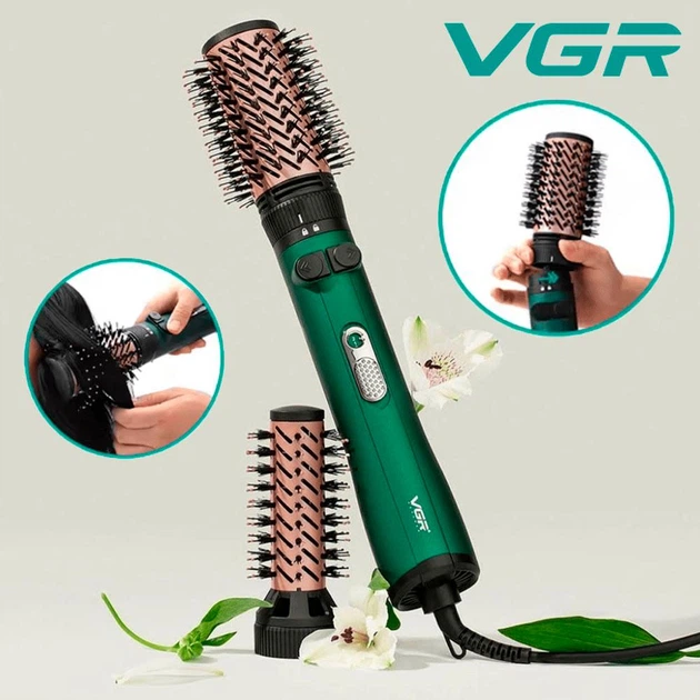 Фен-щітка 2 в 1, що крутиться, для укладання волосся з обертовою насадкою VGR V-498 1200W Green ...