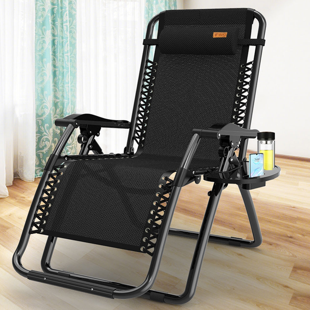 Крісло-шезлонг садове Zero Gravity WCG R-03 з підголівником і підставкою для напоїв, чорний ...