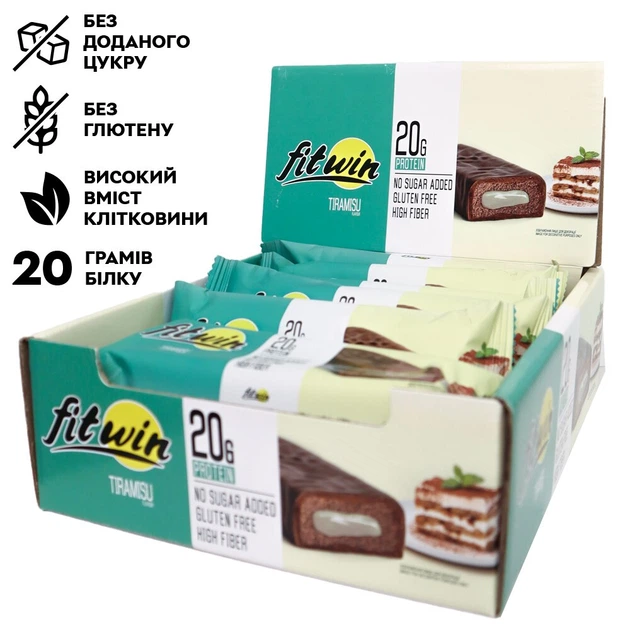Блок протеиновых батончиков FitWin Protein Bar 20%, 12x60 грамм с начинкой - Тирамису – фото ...