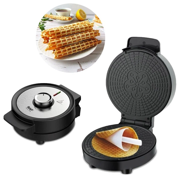 Вафельниця з антипригарним покриттям та конусом для трубочок для круглих тонких вафель 1000 Вт ...