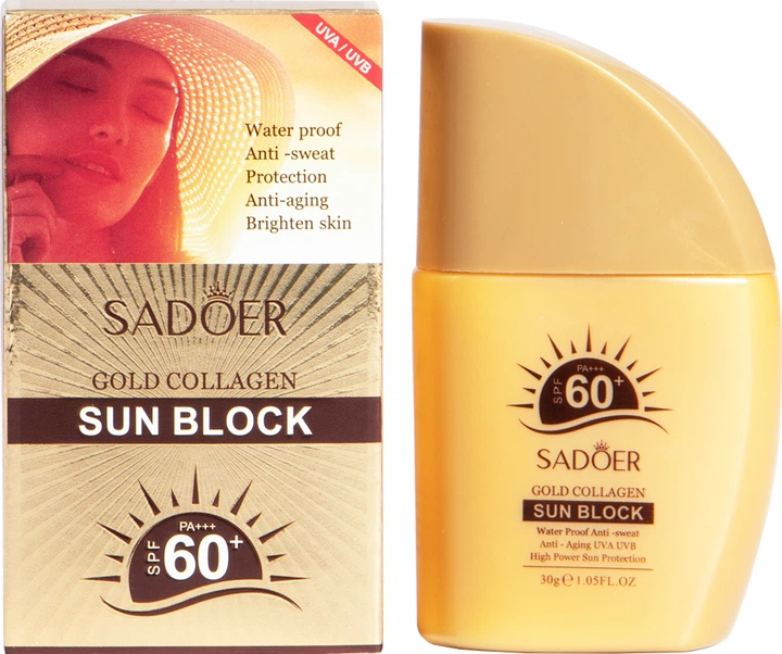 Сонцезахисний крем для обличчя Sadoer Gold Collagen Sun Block SPF60 PA+++ водостійкий 30 г ...