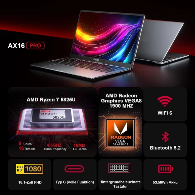 Ноутбук AOC AX16 PRO ,AMD Ryzen 7-5825U,16/512GB,RX Vega 8 ,Windows 11 ...