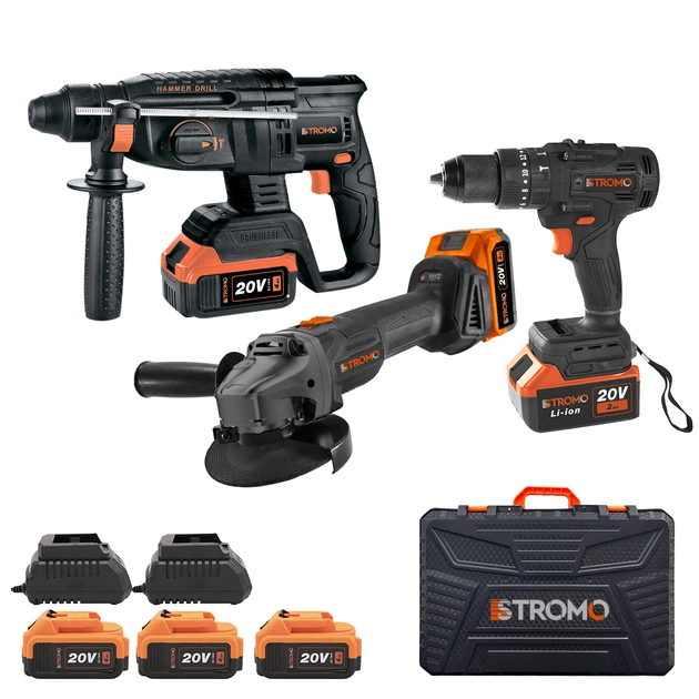 Набір акумуляторного інструменту Stromo PA210SET (болгарка, перфоратор, шуруповерт, 3 АКБ, 2 ЗП ...