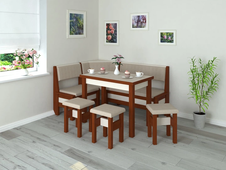 Кухонний мякий куточок із масиву дерева зі столом та табуретами Летро Туніс 167х127х85 см