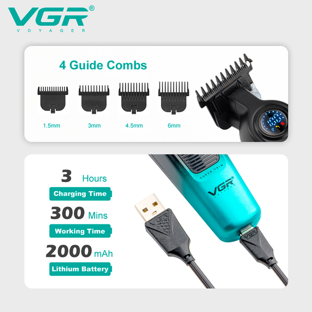 Триммер аккумуляторный для стрижки волос VGR V-996 YELLOW, 4 насадки, LED дисплей – фото, отзывы ...