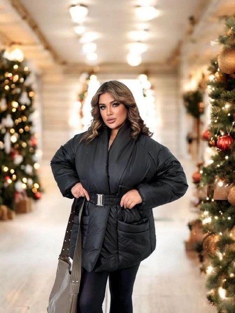 Жіноча зимова дута куртка батал чорна з поясом на синтепоні р.60-62 017614 – Брендовий одяг ...