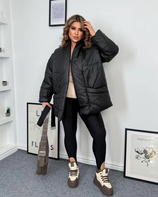 Жіноча зимова дута куртка батал чорна з поясом на синтепоні р.60-62 017614 – Брендовий одяг ...