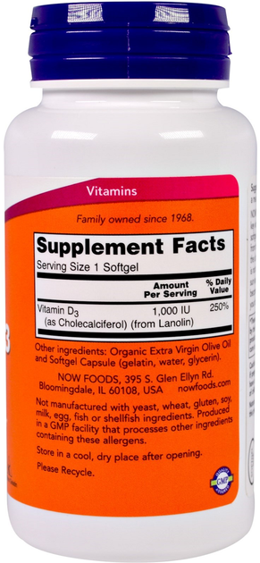 Витамины Now Foods Витамин D3 1000IU 180 желатиновых капсул ...