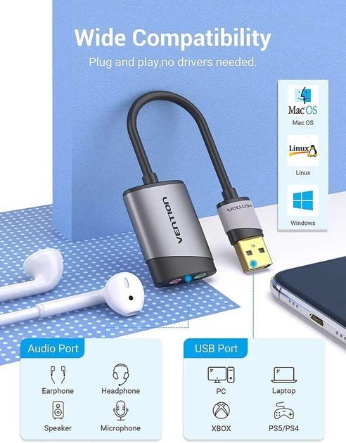 Адаптер Vention USB External Sound Card 0.15M Gray Metal Type (CDKHB ...