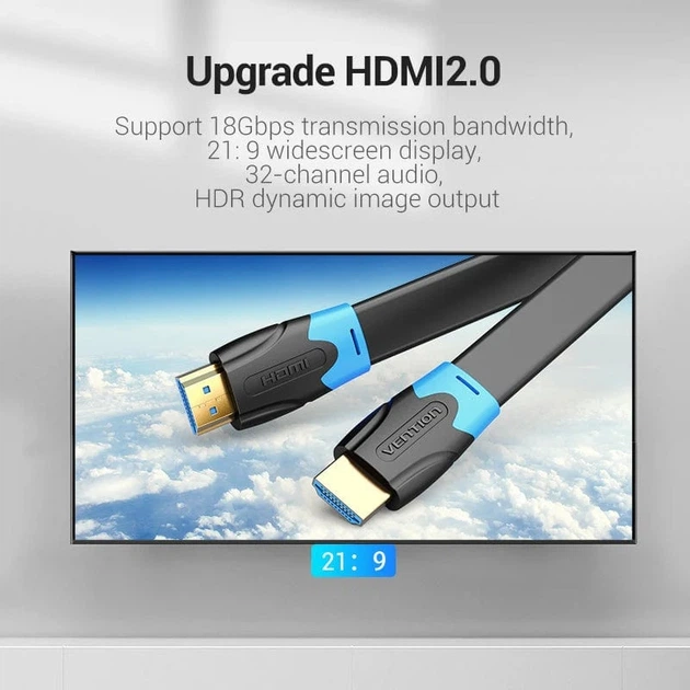 Кабель Vention HDMI M - M, 1.0м, V2.0, 4K 60Гц, PVC Flat Design Black ...