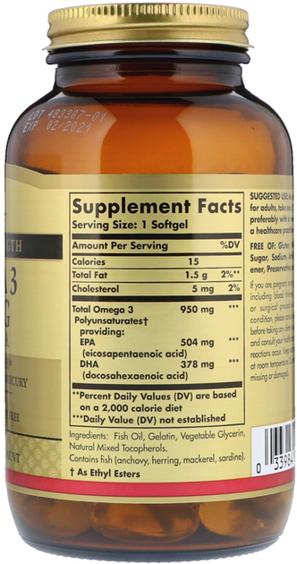 Жирные кислоты Solgar Omega-3 EPA, DHA Тройная Сила 950 мг 100 капсул ...