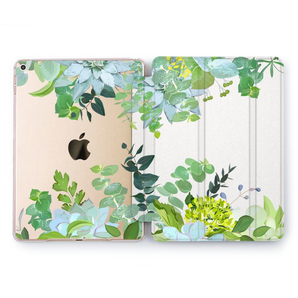 Чехол книжка, обложка для Apple iPad (Зеленые суккуленты) модели Air 9. ...