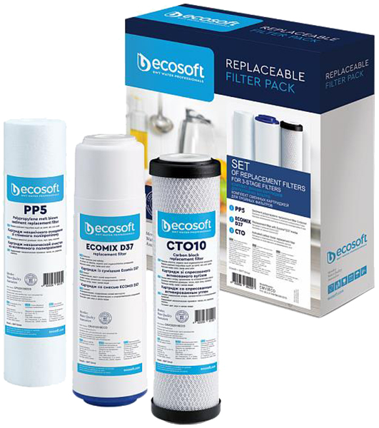 Комплект картриджей Ecosoft для тройных фильтров (полипропилен+Ecomix D37+карбонблок) – низкие ...
