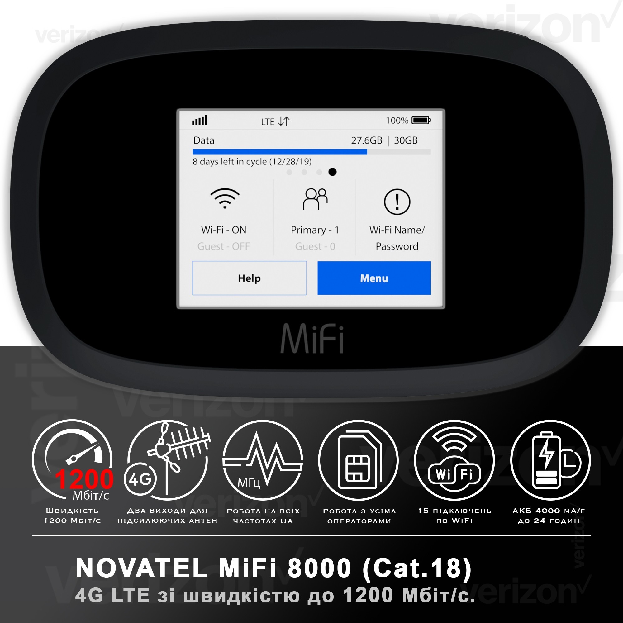 4G LTE WiFi роутер NOVATEL Verizon MIFI 8000 LTE| Швидкість до 1200 ...