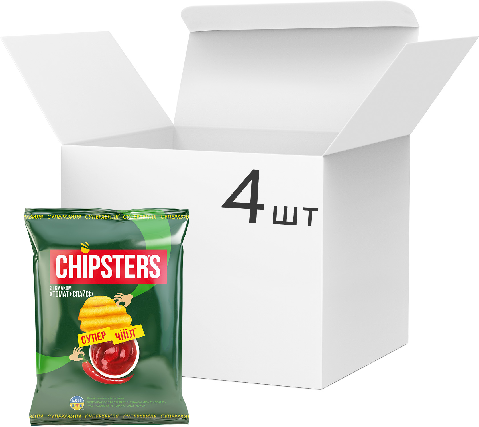Упаковка чипсов Chipster's Волнистые со вкусом томат спайси 110 г х 4 ...