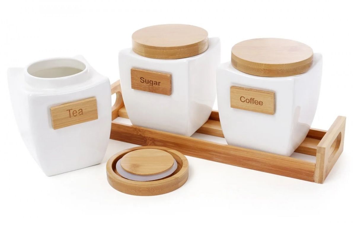 Набір 3-х банок з дерев'яною кришкою Interos PJ01768 порцеляна на підставці 700мл – низкие цены ...
