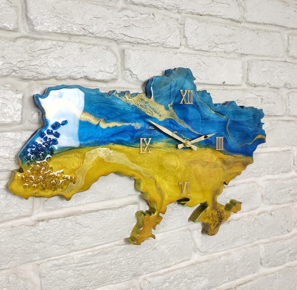 Настінний годинник з епоксидної смоли ручної роботи Карта України 60 38 см Kl Ukr6038 фото