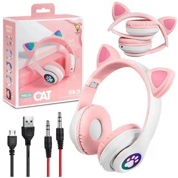 Беспроводные наушники розовые с кошачьими ушками Cat- VZV-23M детские ...
