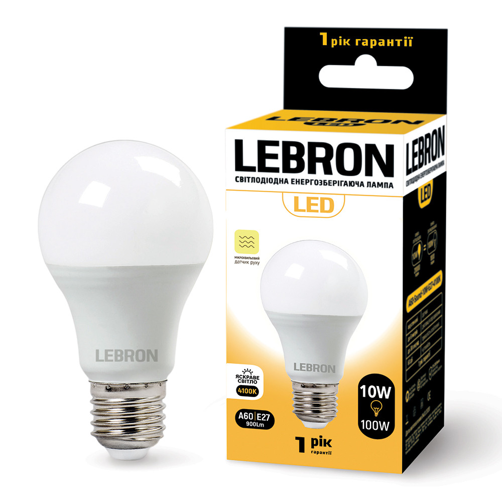 LED лампа LEBRON L-A60 10W Е27 4100K 900Lm с СВЧ датчиком движения ...