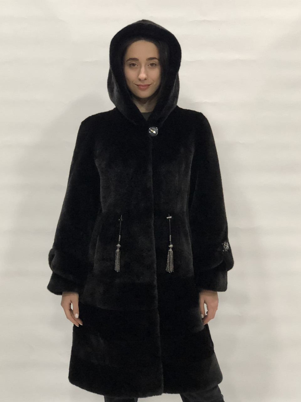 Шуба з еко хутра норки трансформер з капюшоном довжина 100 см 44 колір чорний от продавца