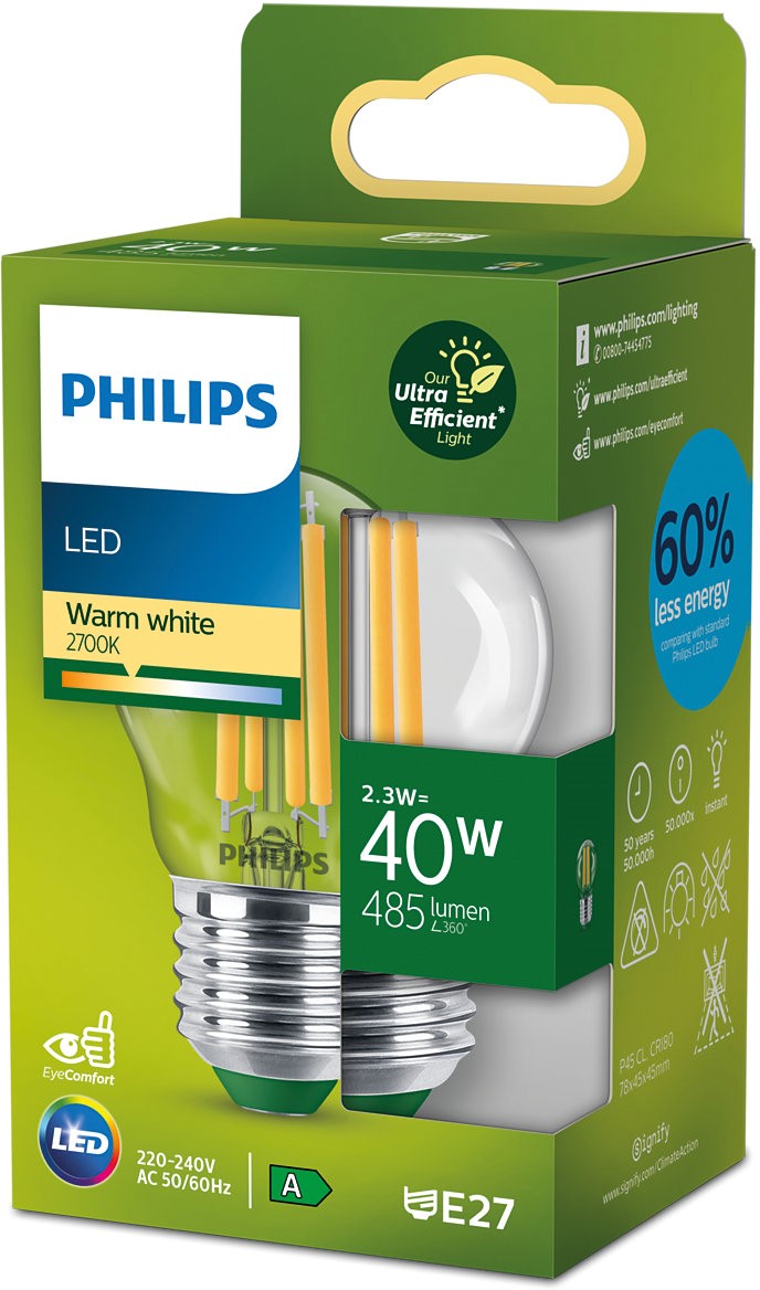 Светодиодная лампа Philips UltraEfficient P45 E27 2.3W Warm White ...
